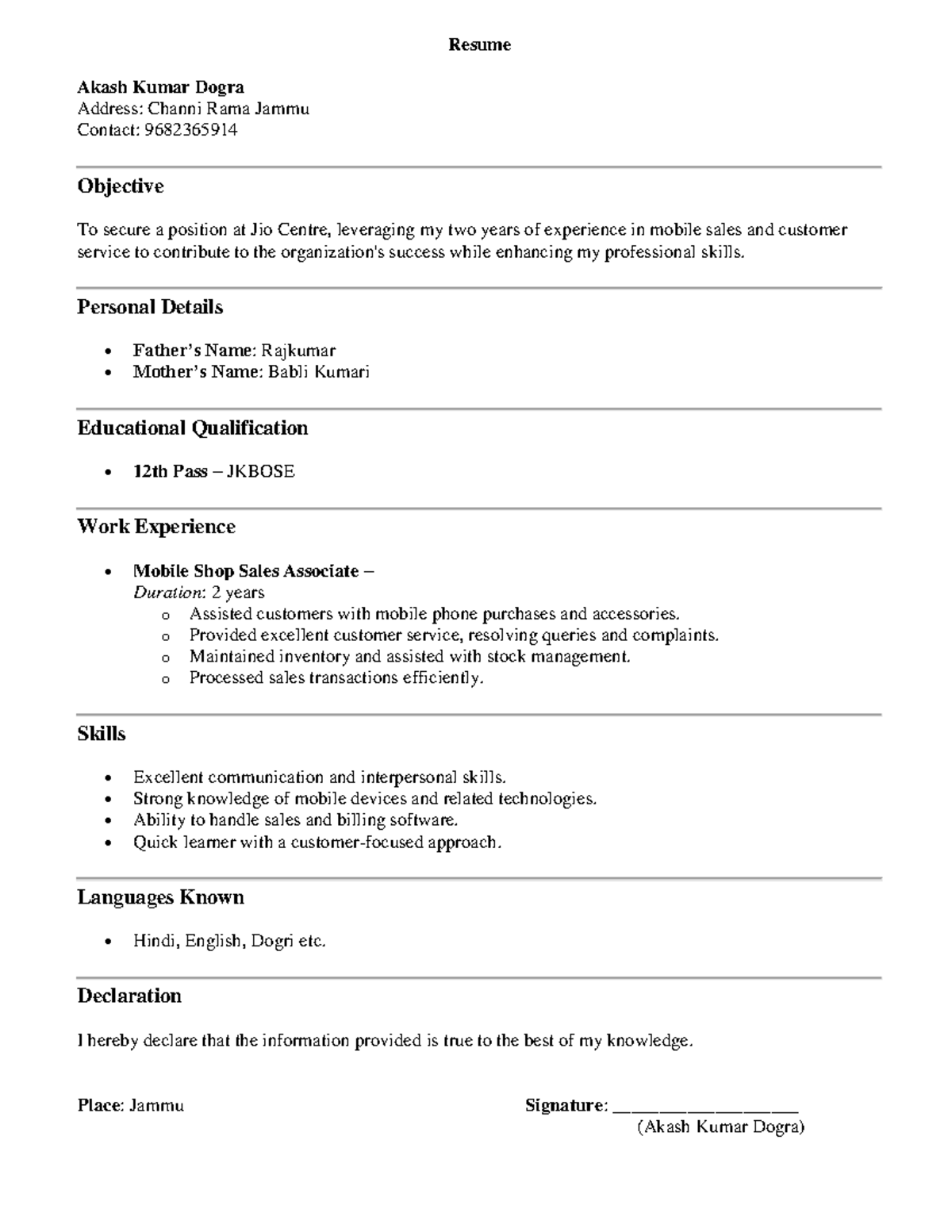 Akash Kumar Dogra - sads - Resume Akash Kumar Dogra Address: Channi ...