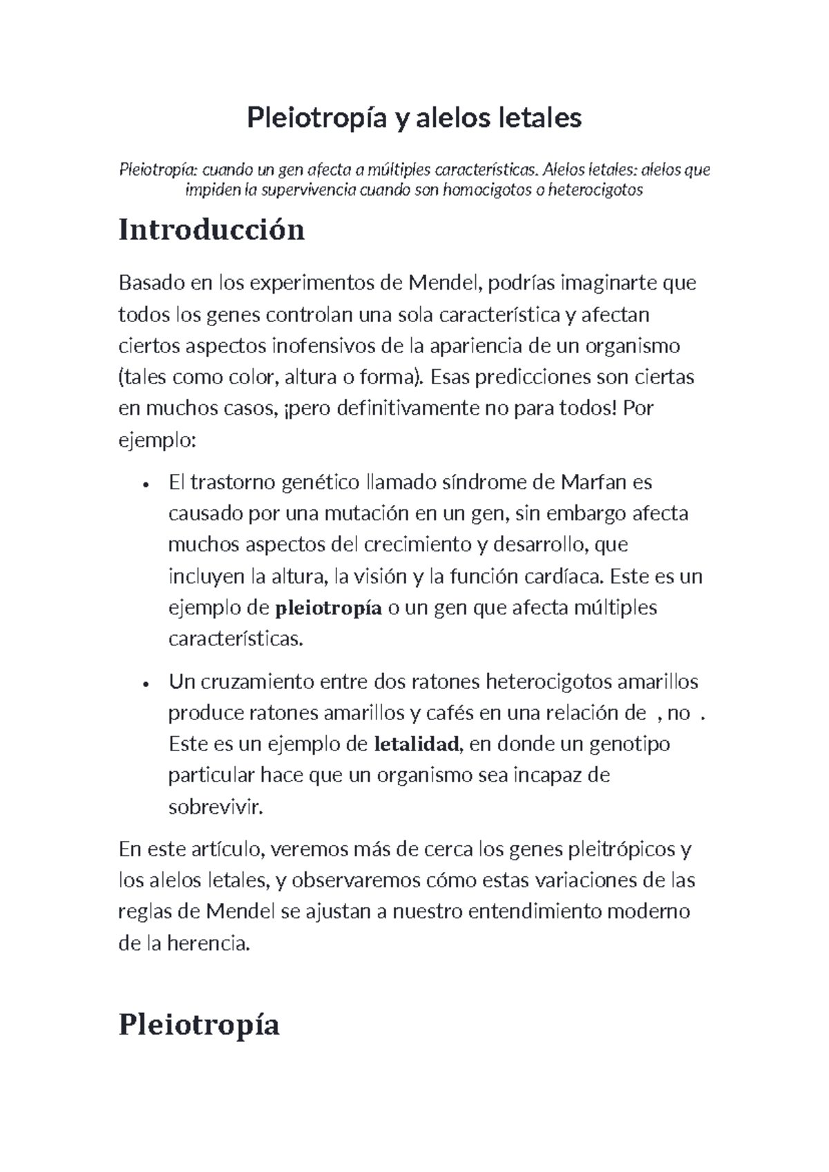 Pleiotropia Y Alelos Letales - Pleiotropía y alelos letales Pleiotropía ...