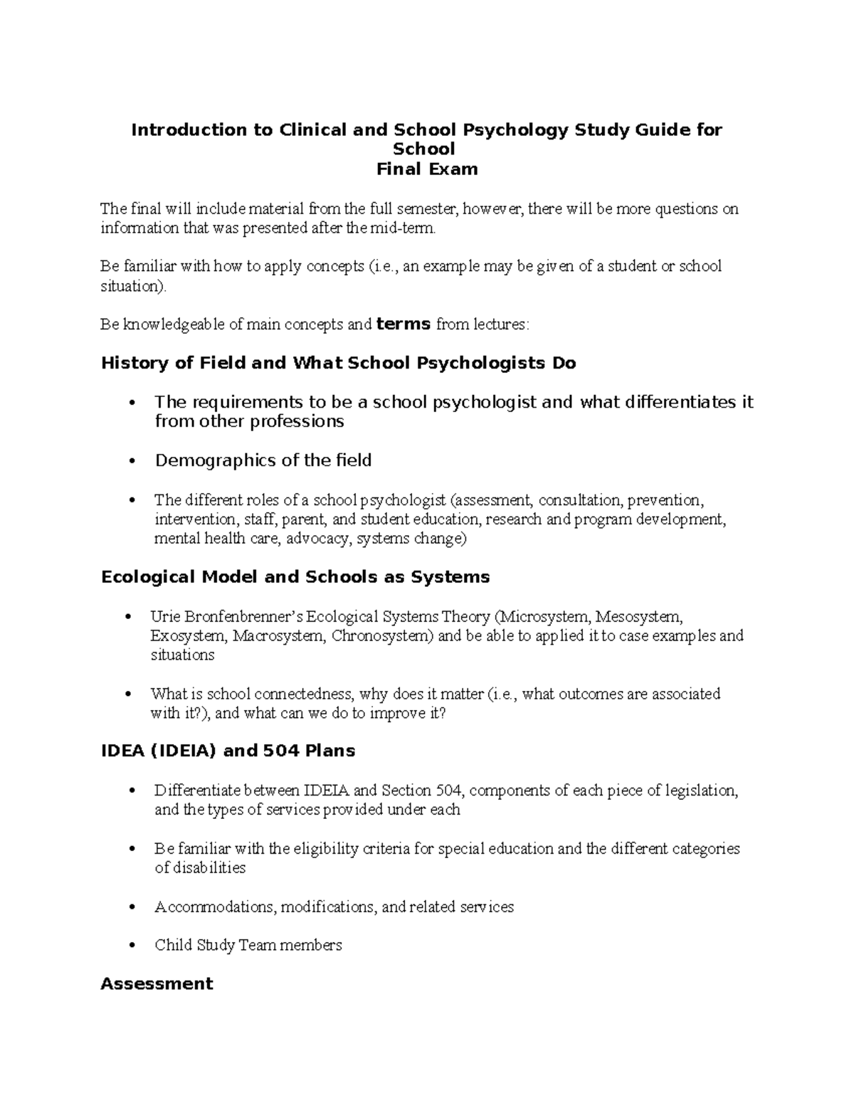 Final School Study Guide - Introduction to Clinical and School ...