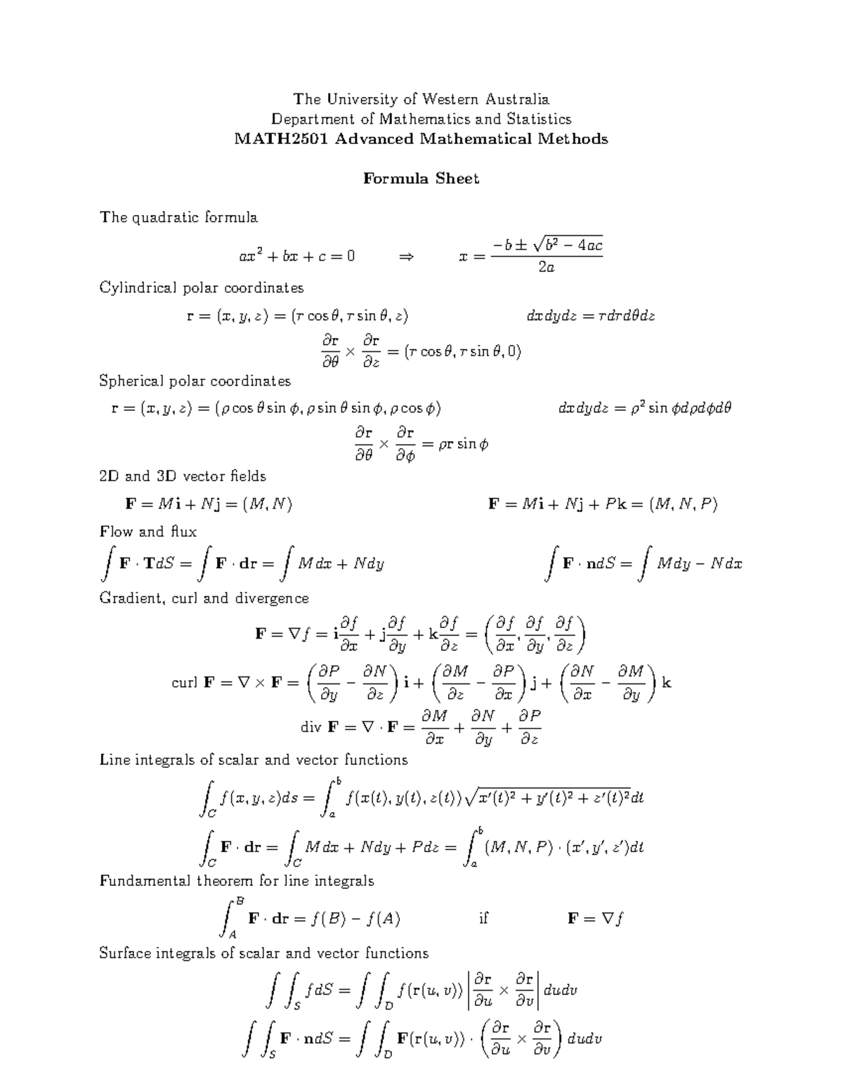 MATH2501 Formula sheet - The University of Western Australia Department ...