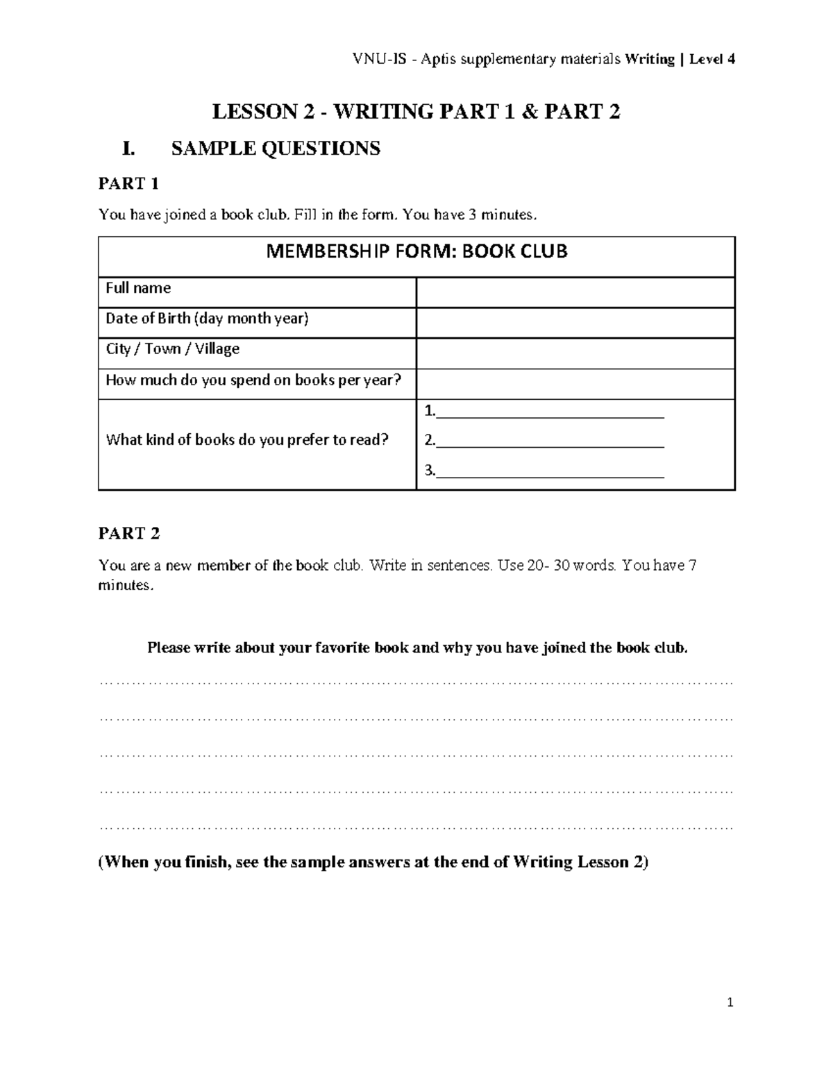 Week 1-Lesson 2 Aptis supplementary materials for level 4 Writing ...
