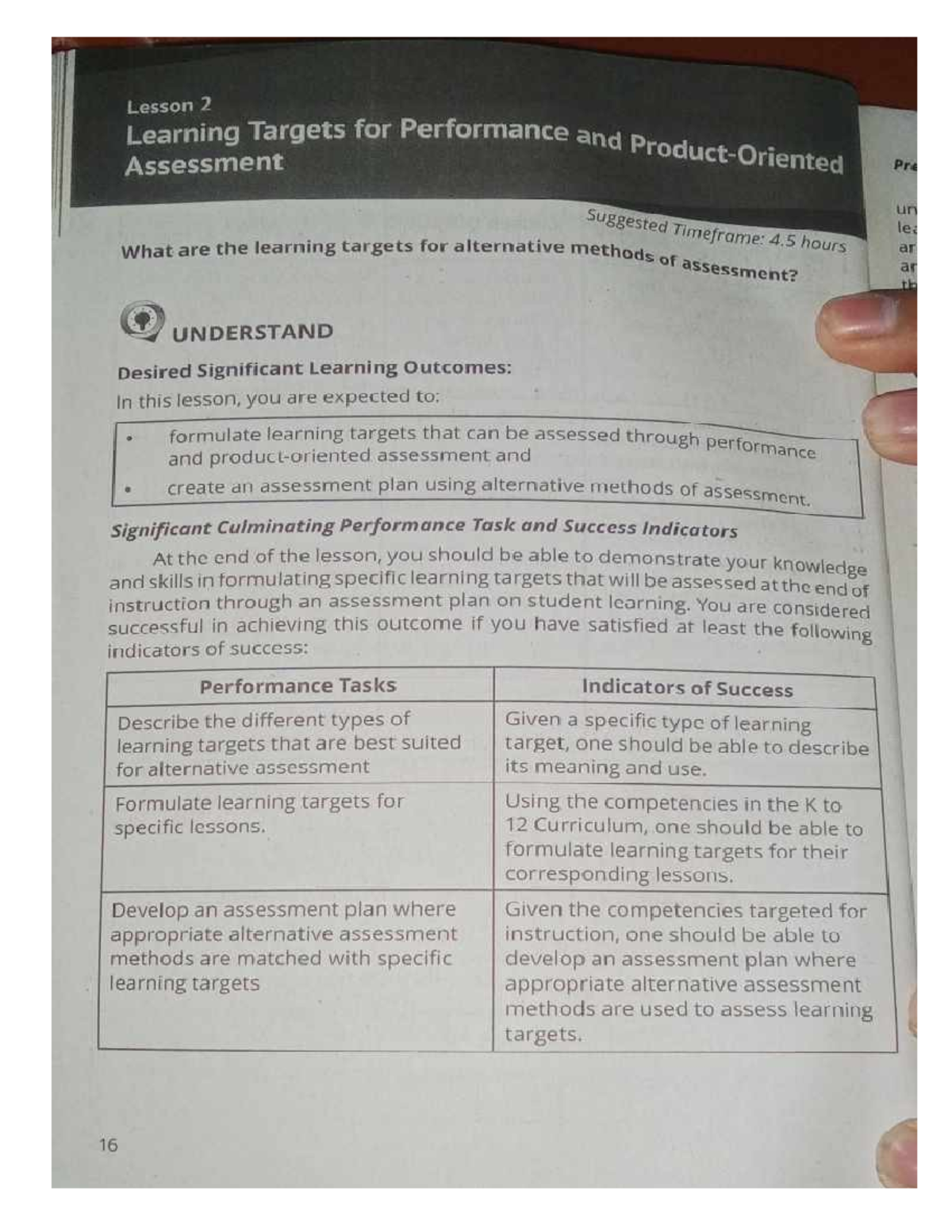 Part 1 Lesson 2 Learning Targets for Performance and Product Oriented ...