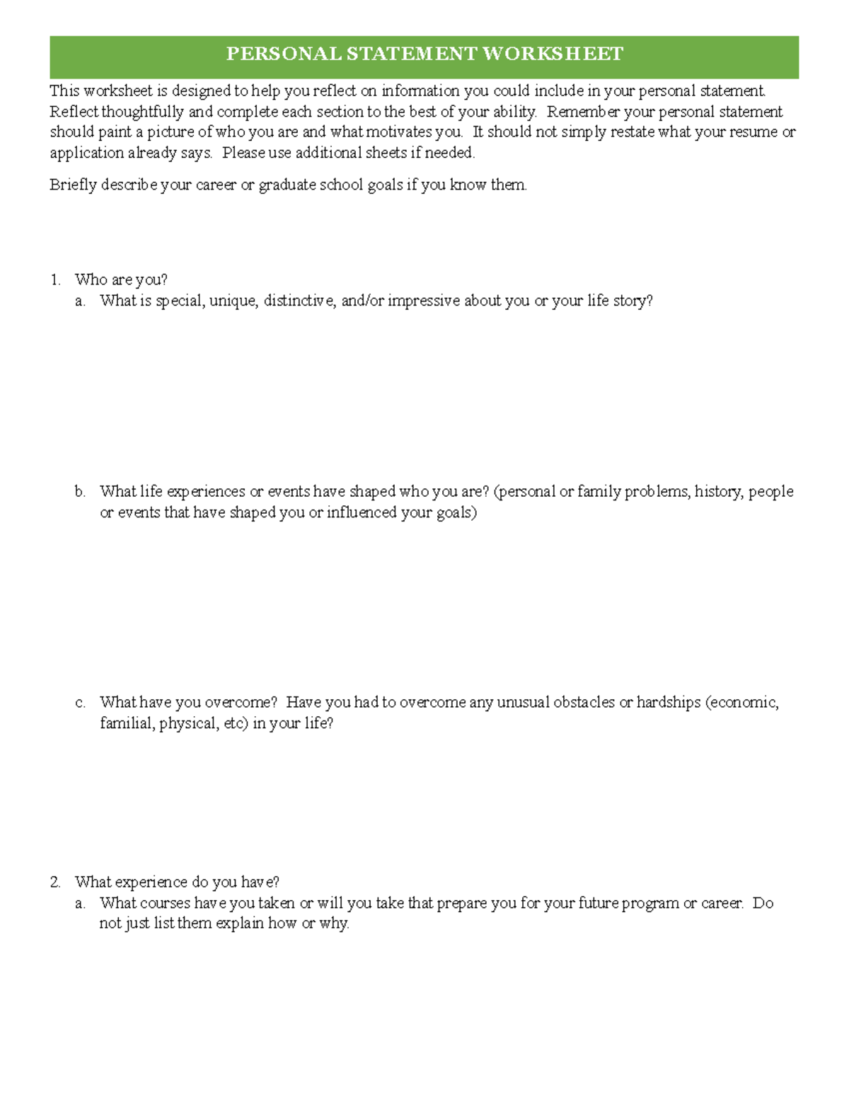 Personal Statement Worksheet - This worksheet is designed to help you ...