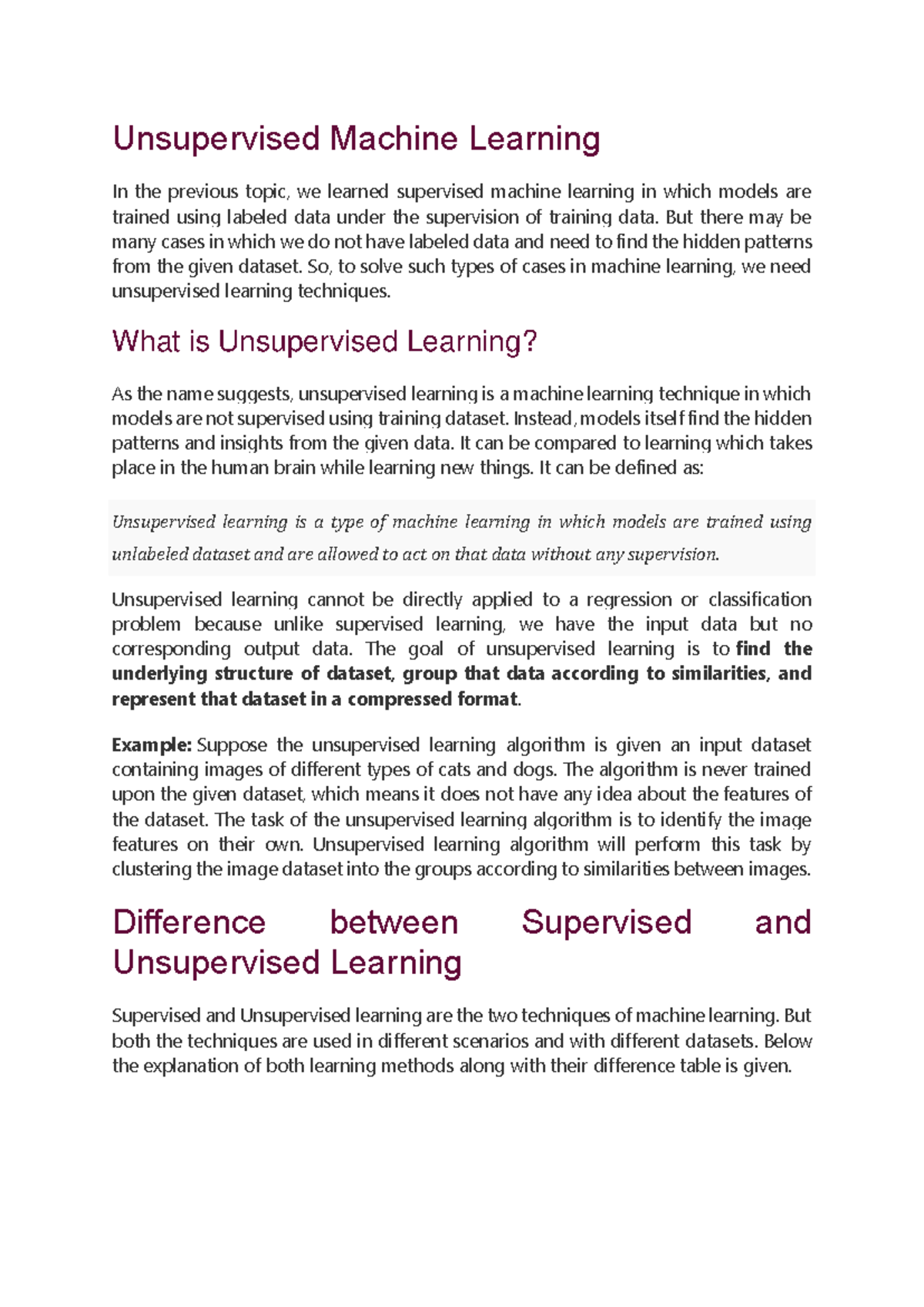Unit 2 Unsupervised Machine Learning - Unsupervised Machine Learning In the previous topic, we ...