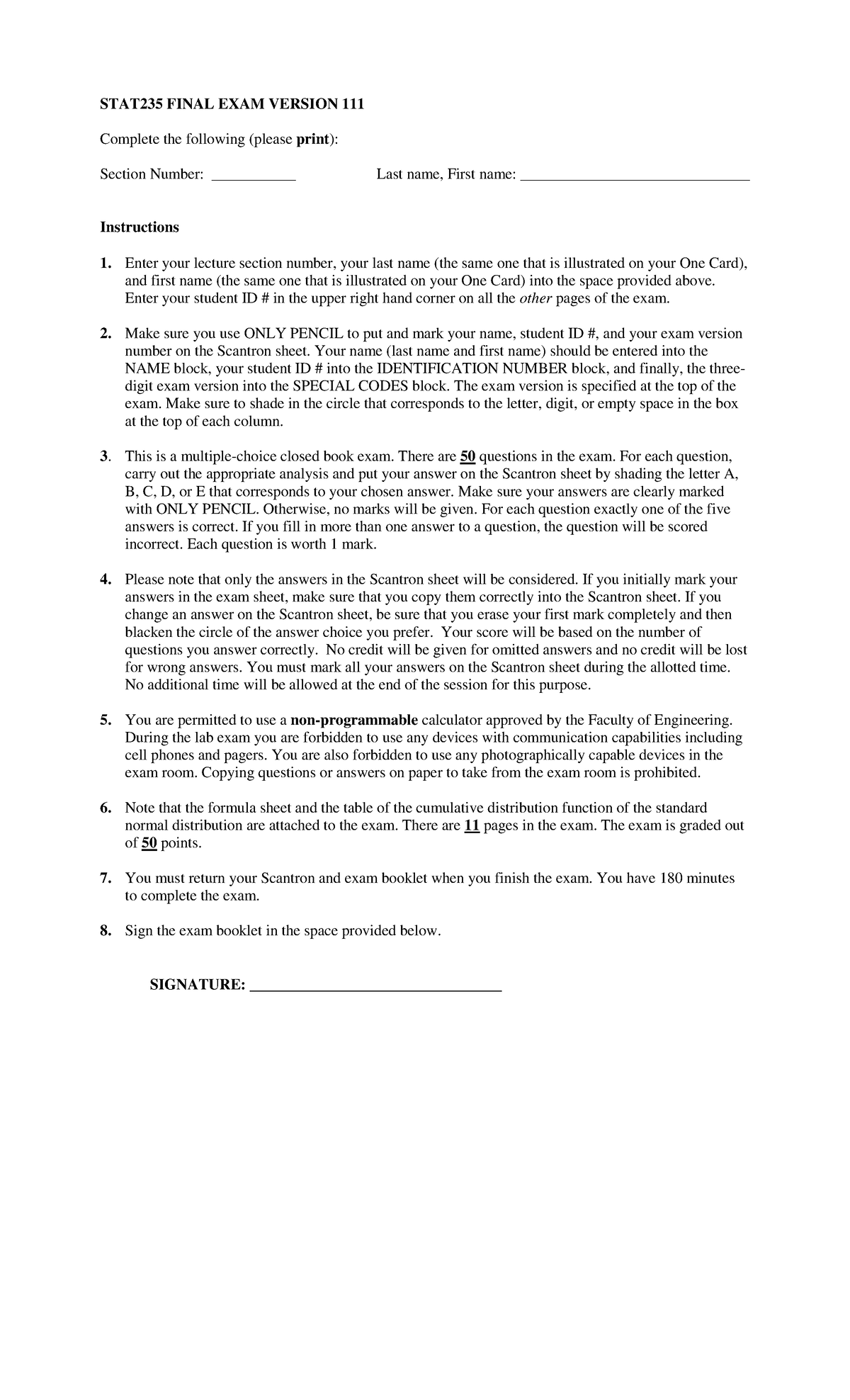 Stat 235 Final exam practice - STAT235 FINAL EXAM VERSION 111 Complete ...