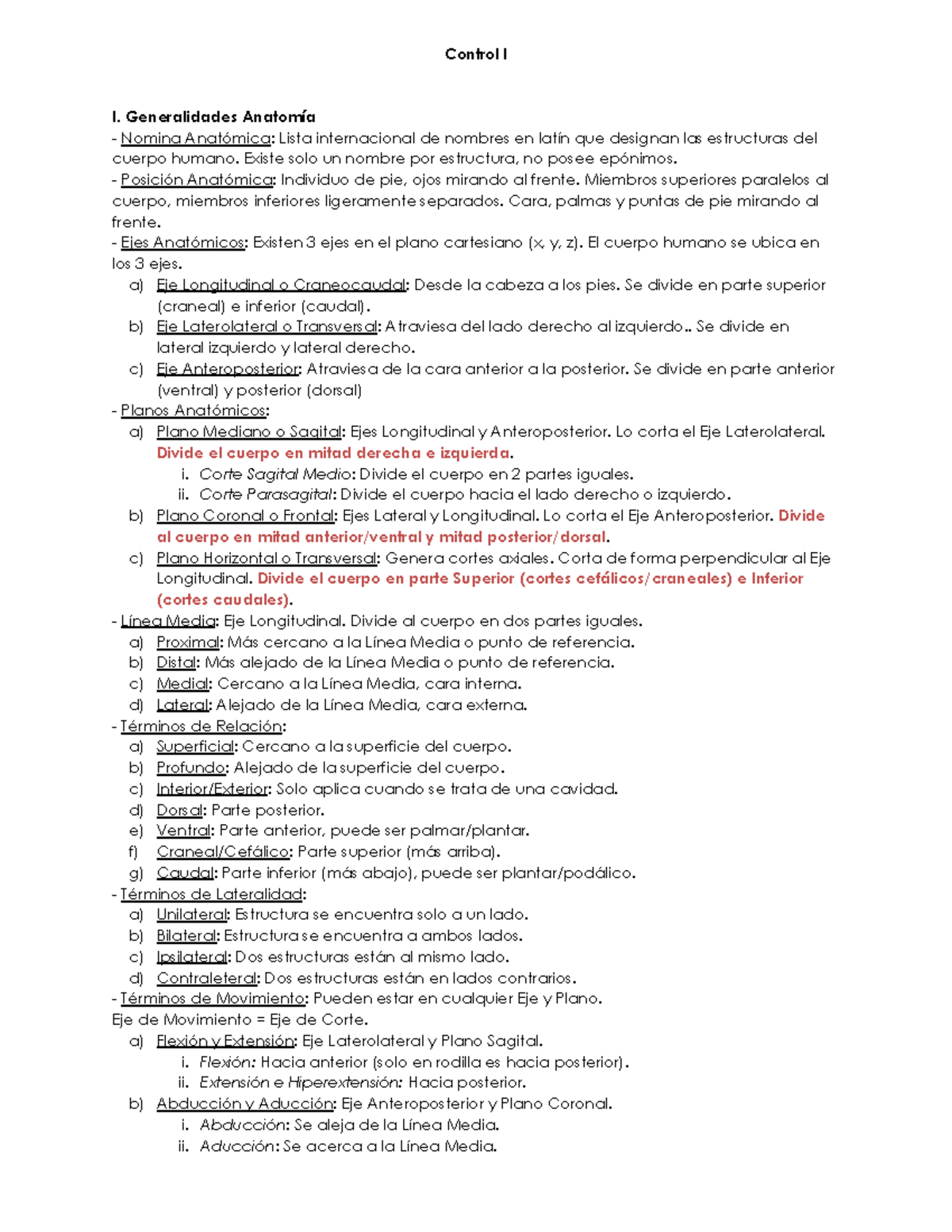 Control 1 Anatomía - Generalidades - Control I I. Generalidades ...