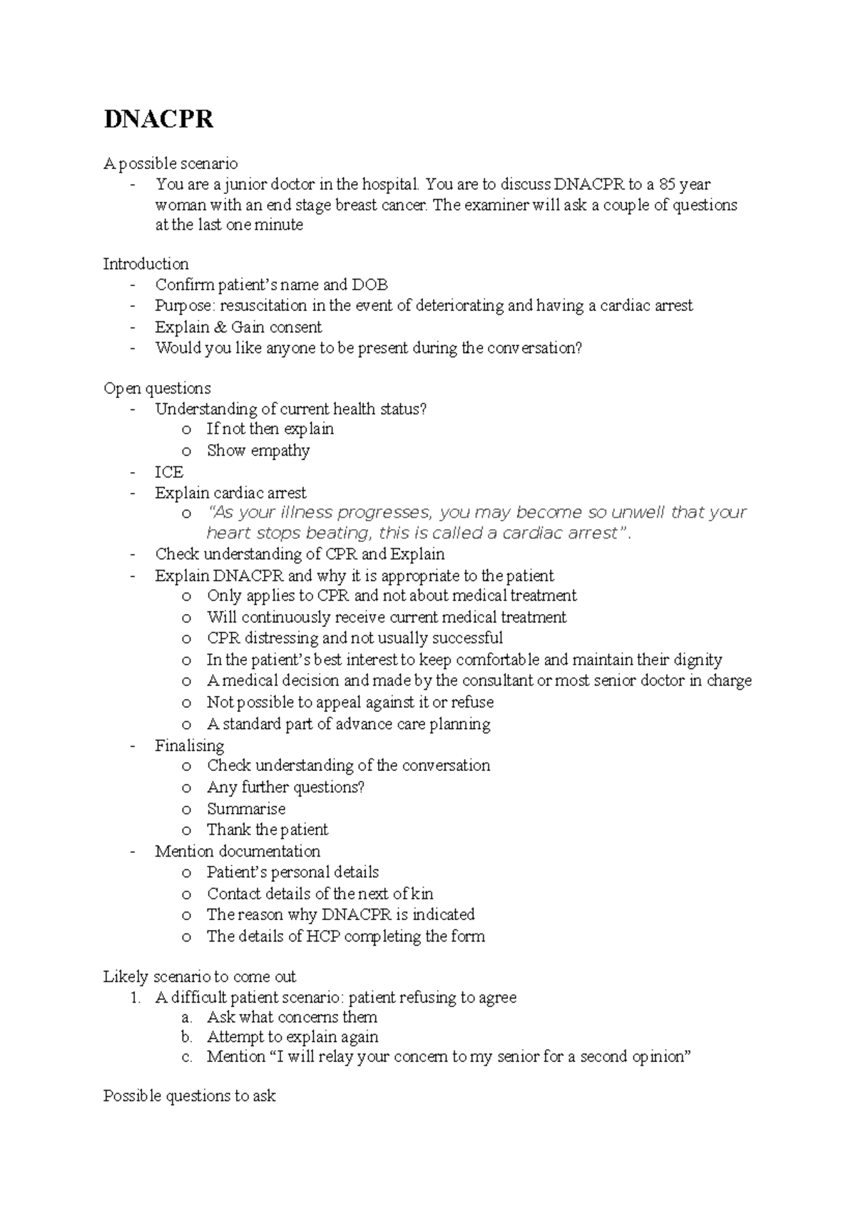 Dnacpr OSCE history taking + explaining - DNACPR A possible scenario ...