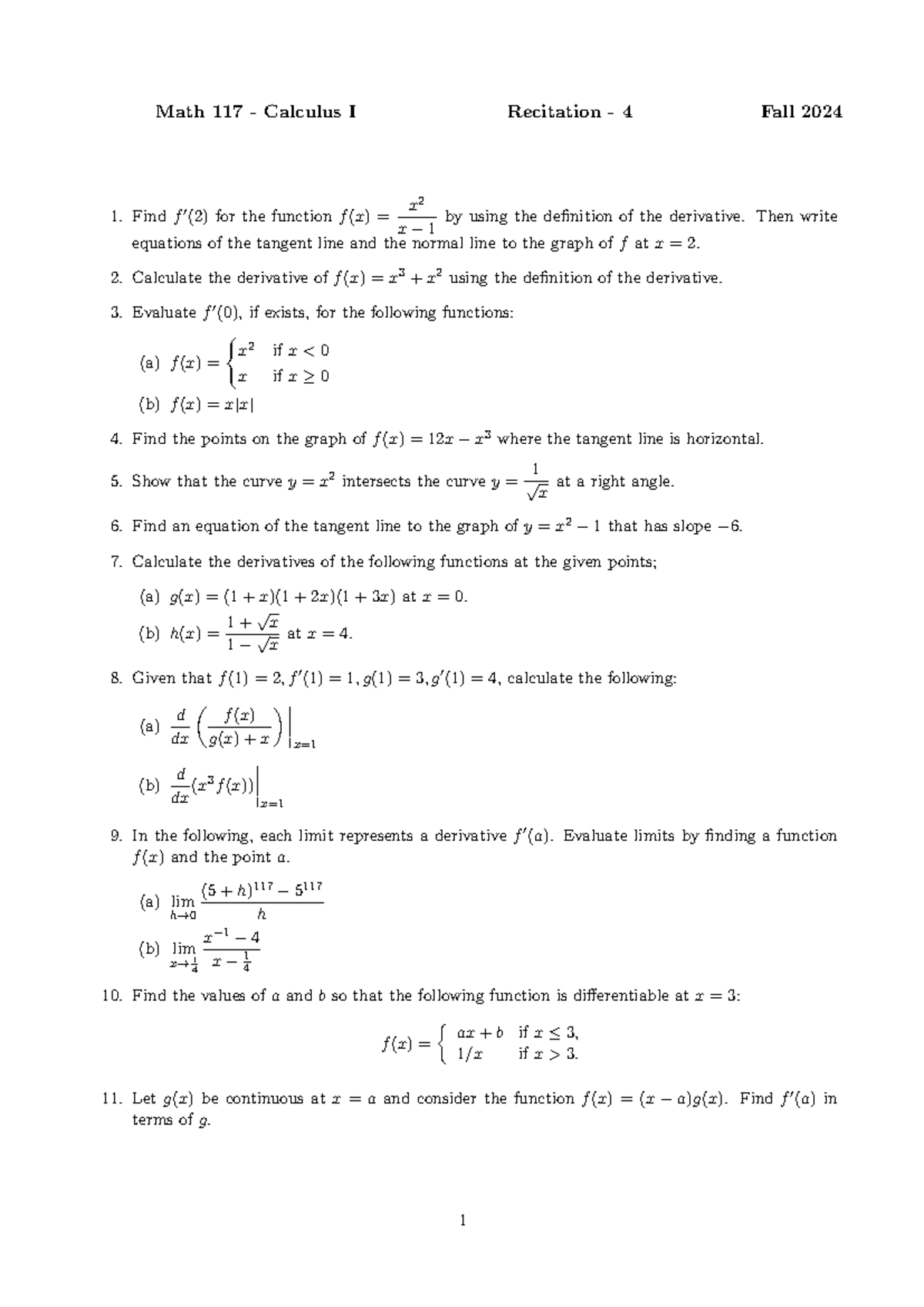 117 r4 - recit qs - Math 117 - Calculus I Recitation - 4 Fall 2024 Find f ′ (2) for the function ...