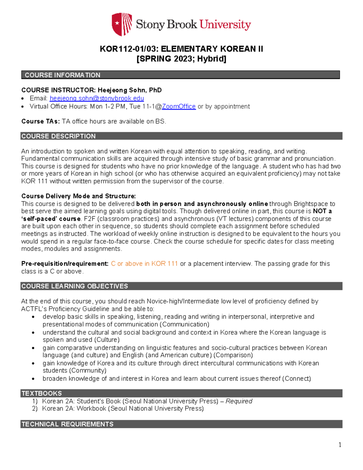 Syllabus KOR112-03 HJ Sohn1 - KOR112-01/03: ELEMENTARY KOREAN II ...