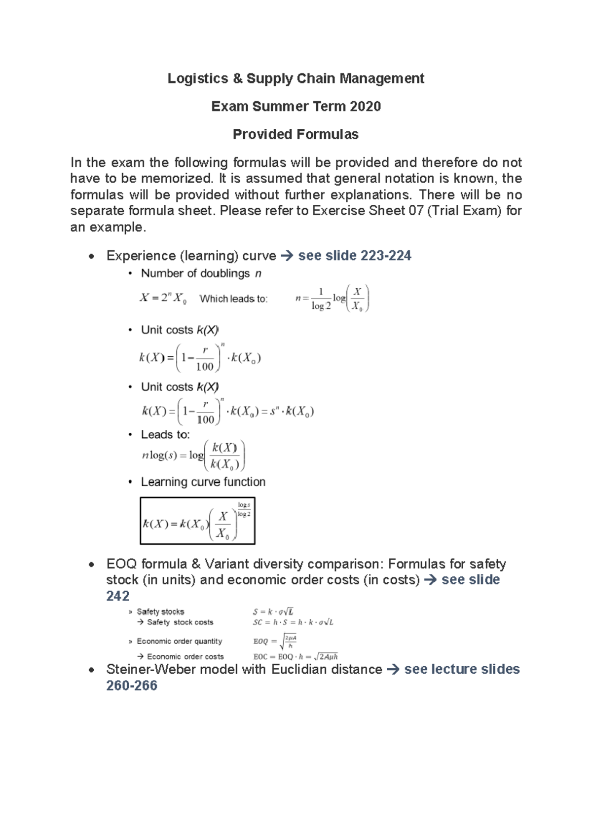 Formulas 2020 - Logistics & Supply Chain Management Exam Summer Term ...
