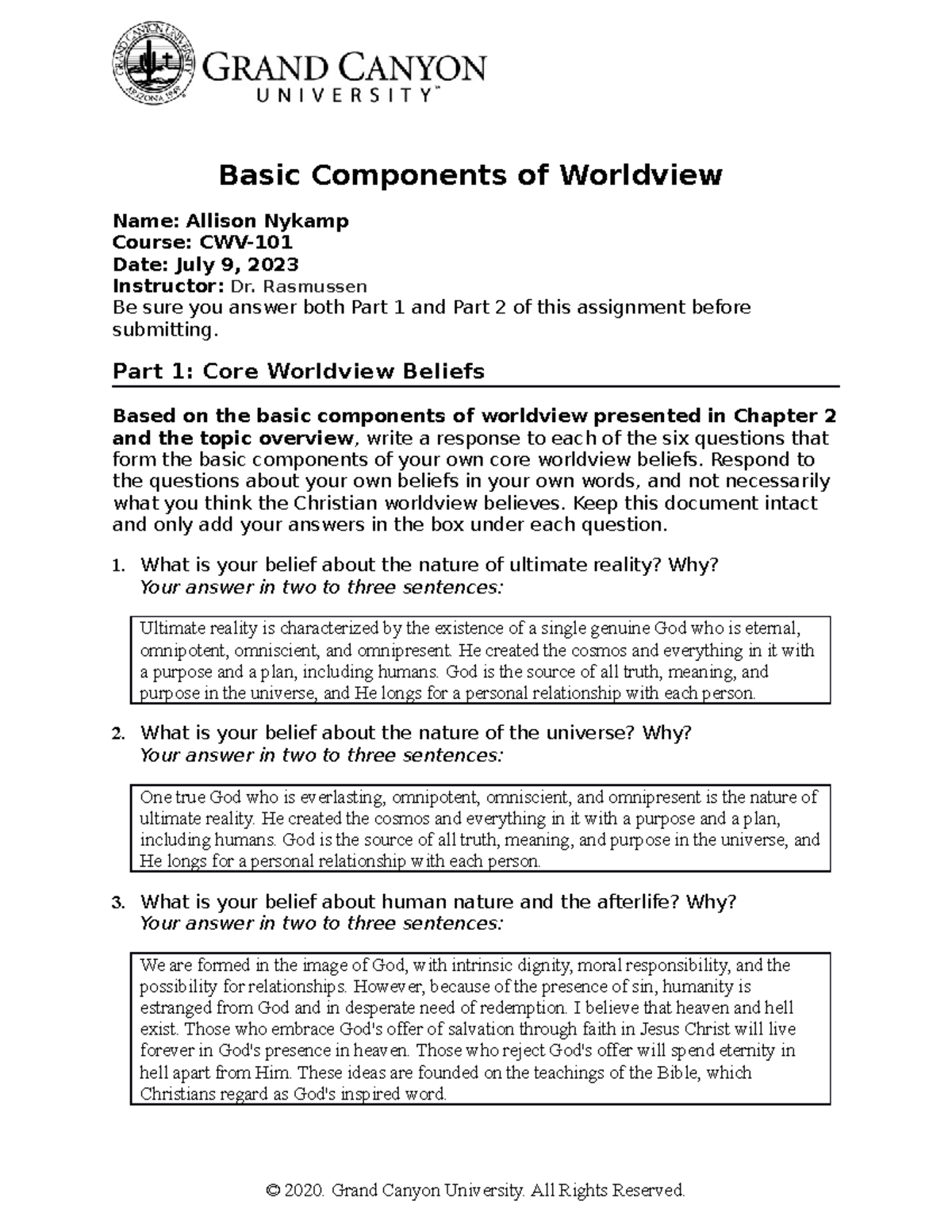 CWV-101 assignment 1 - Basic Components of Worldview Name: Allison ...