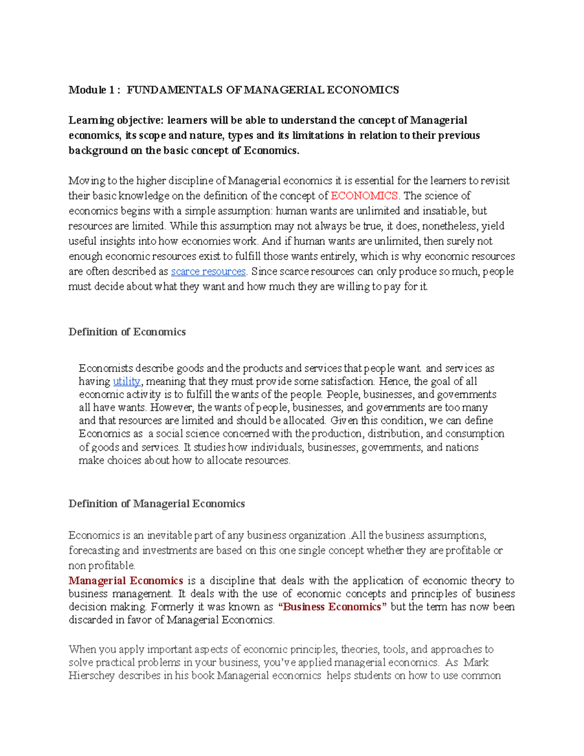 Lesson 1 mod I Fundamentals of Managerial economics - Module 1 ...