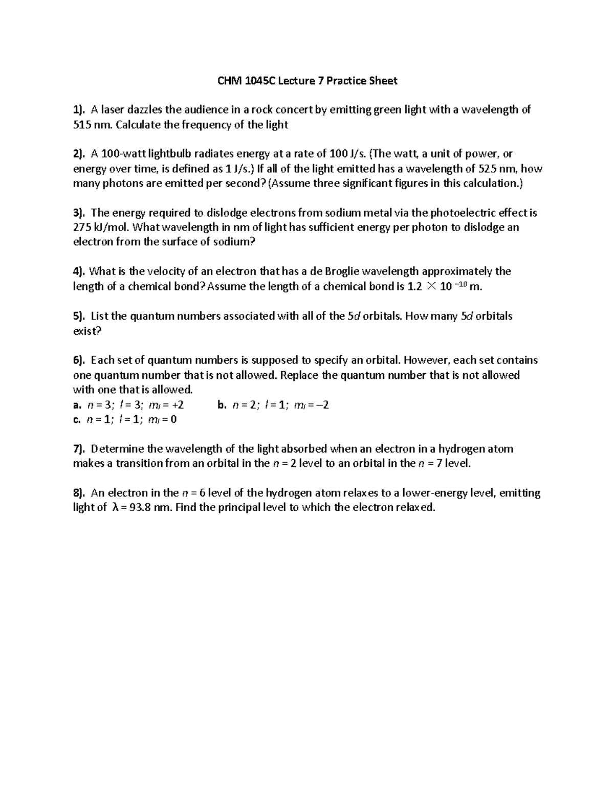 CHM 1045C Chapter 7 Practice Sheet - CHM 1045C Lecture 7 Practice Sheet ...