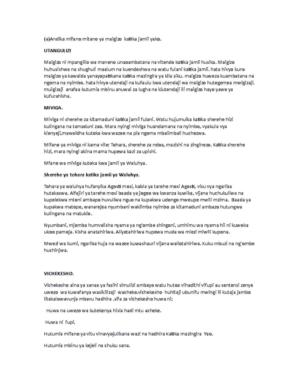 Maigizo - FASIHI SIMULIZI - (a)Andika mifano mitano ya maigizo katika ...