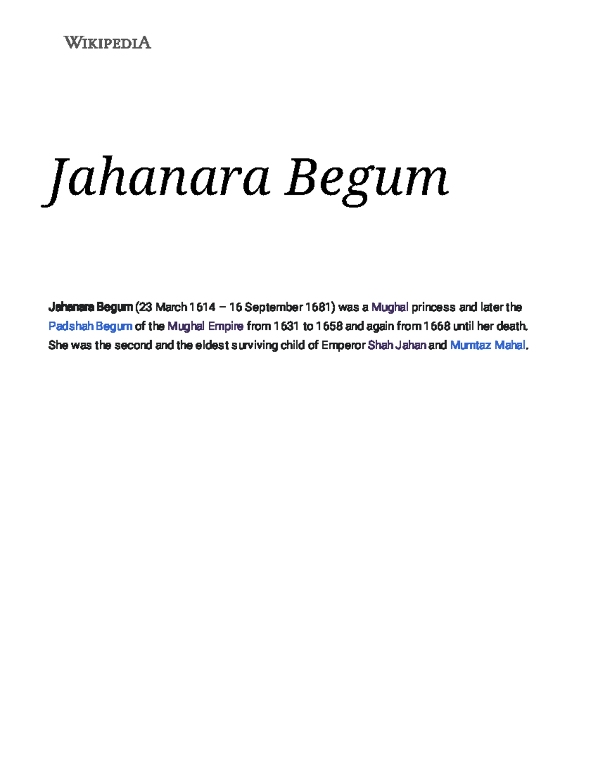 Jahanara Begum - Wikipedia - Jahanara Begum Jahanara Be gum (23 March ...