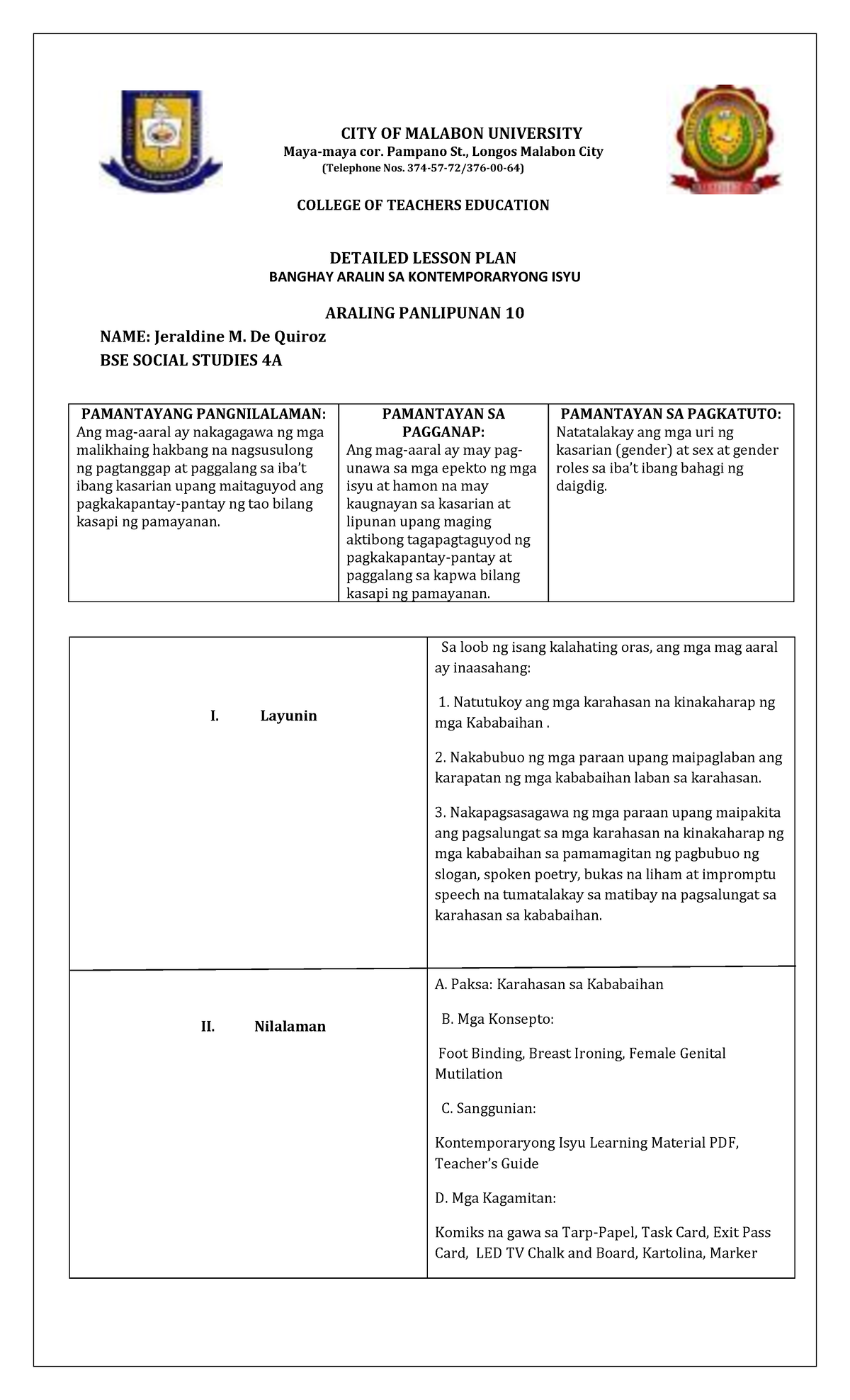 De Quiroz Jeraldine M. Lesson PLAN - CITY OF MALABON UNIVERSITY Maya ...
