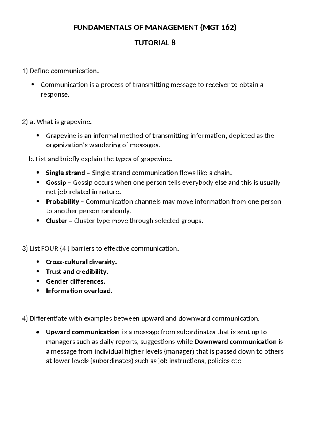 Tutorial 8 Answer - for studies purpose - FUNDAMENTALS OF MANAGEMENT (MGT 162) TUTORIAL 8 1 ...