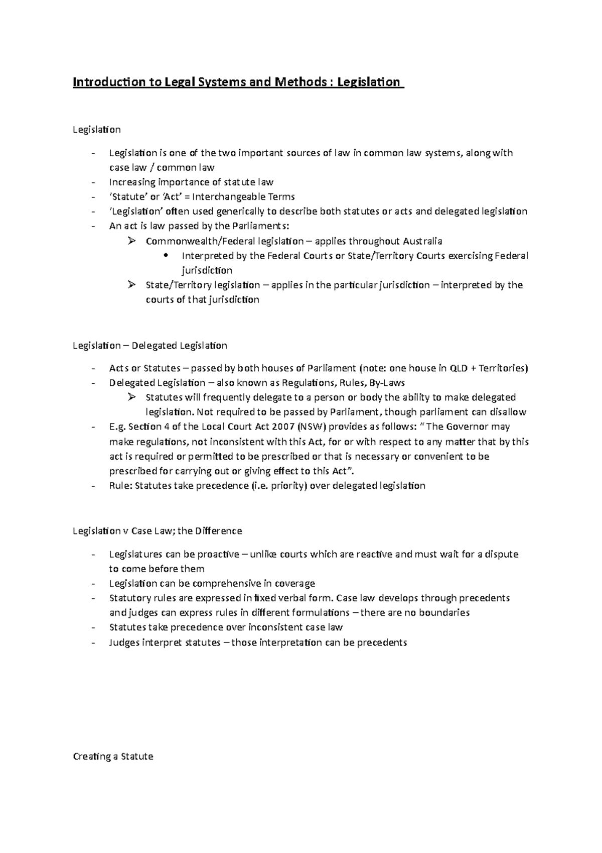 Legislation Notes - Lecture 2 - Introducion to Legal Systems and ...