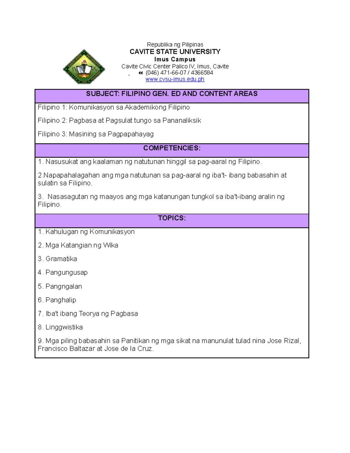 Filipino- Practice Exam - Republika ng Pilipinas CAVITE STATE ...