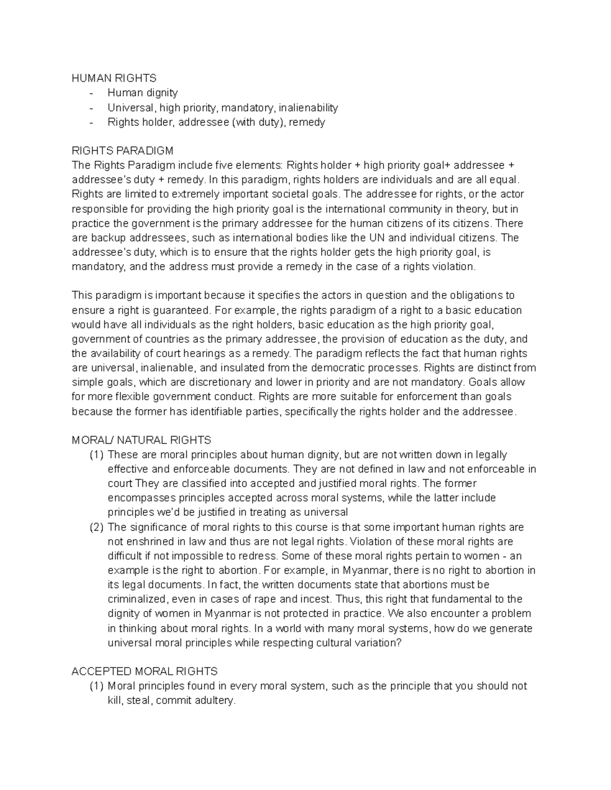 Quiz 1 Key Terms - HUMAN RIGHTS Human dignity Universal, high priority ...