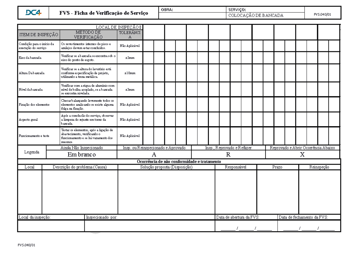 FVS.040 - Colocação de bancada V - FVS - Ficha de Verificação de ...