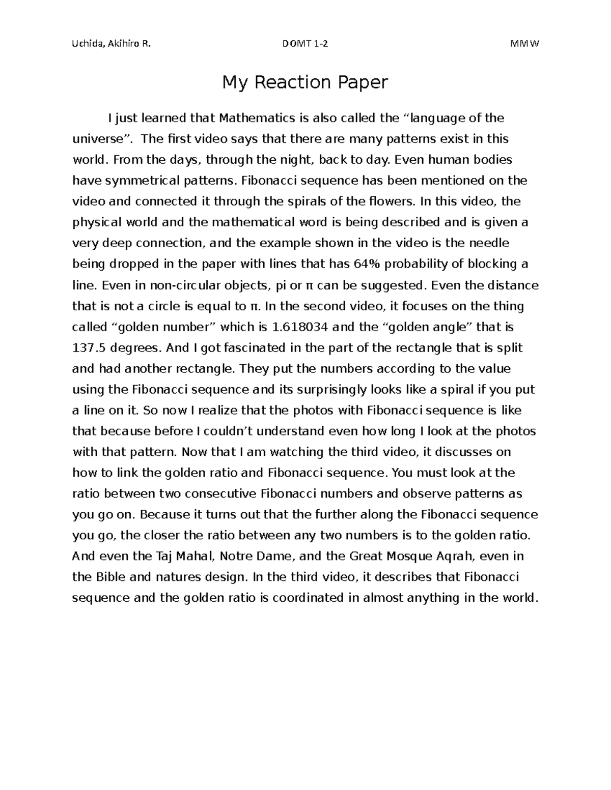 My Reaction Paper - Uchida, Akihiro R. DOMT 1-2 MMW My Reaction Paper I ...