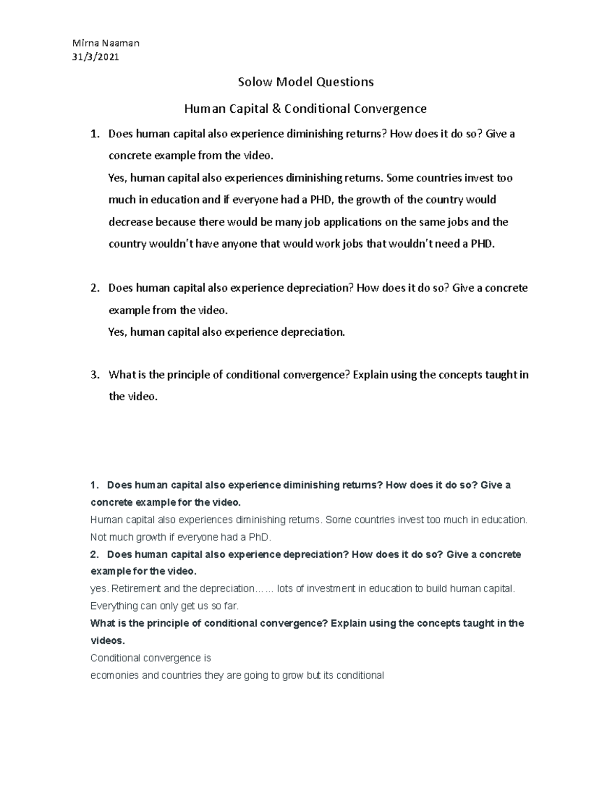 Solow Model Questions (Human Capital and conditional convergence ...