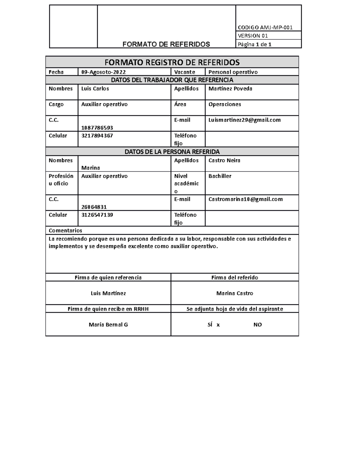 formato referidos - FORMATO DE REFERIDOS CODIGO AMJ-MP- VERSION 01 Página 1 de 1 FORMATO ...