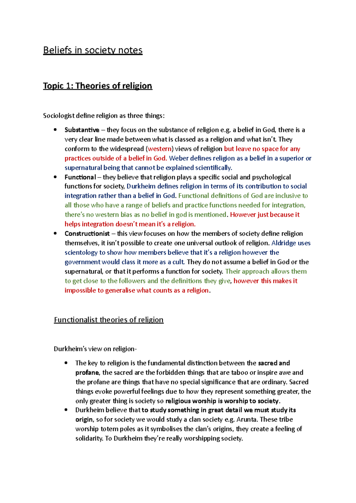 Beliefs in society notes done - Beliefs in society notes Topic 1 ...