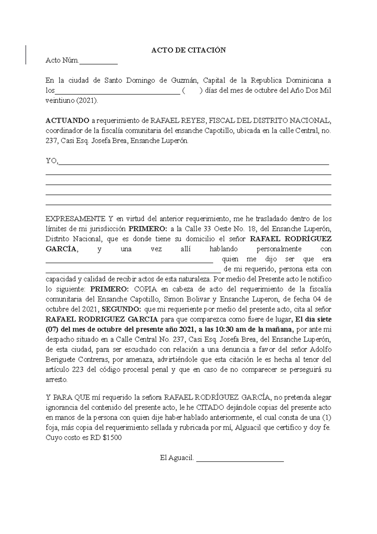 ACTO DE Citación Penal BEBO Sanchez - ACTO DE CITACIÓN Acto Núm ...