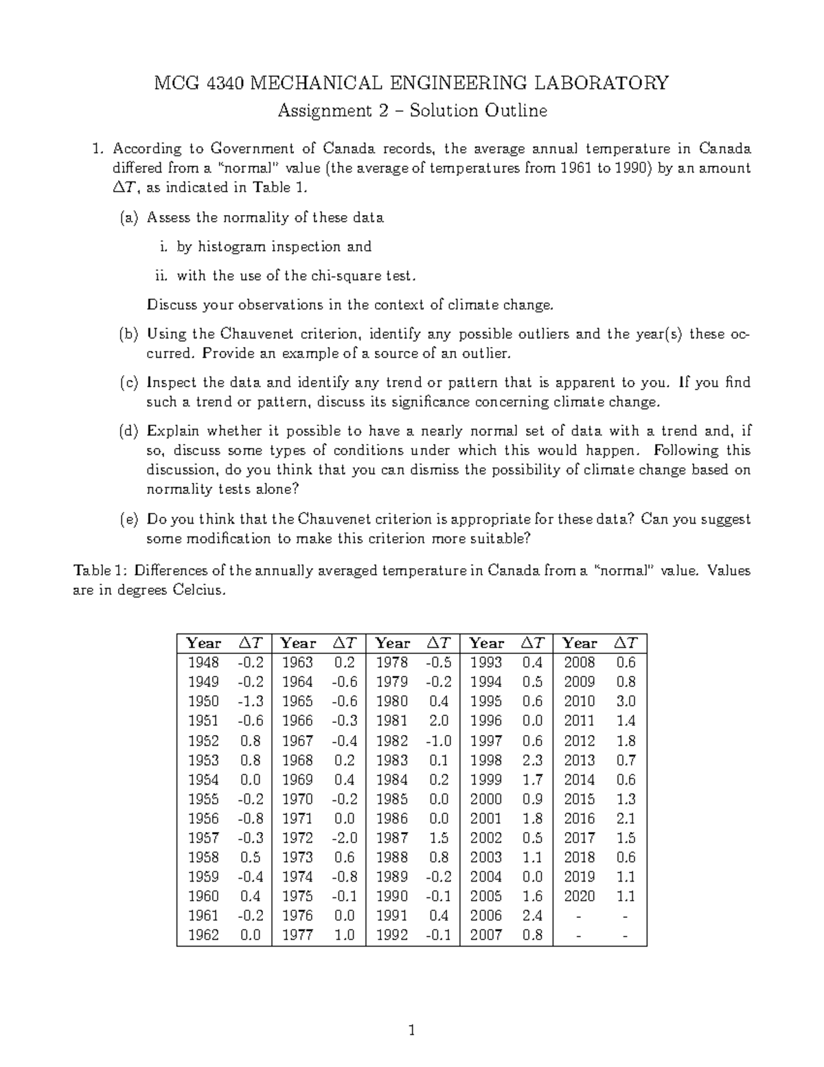 Assignment 2 Solution - MCG 4340 MECHANICAL ENGINEERING LABORATORY Assignment 2 – Solution ...