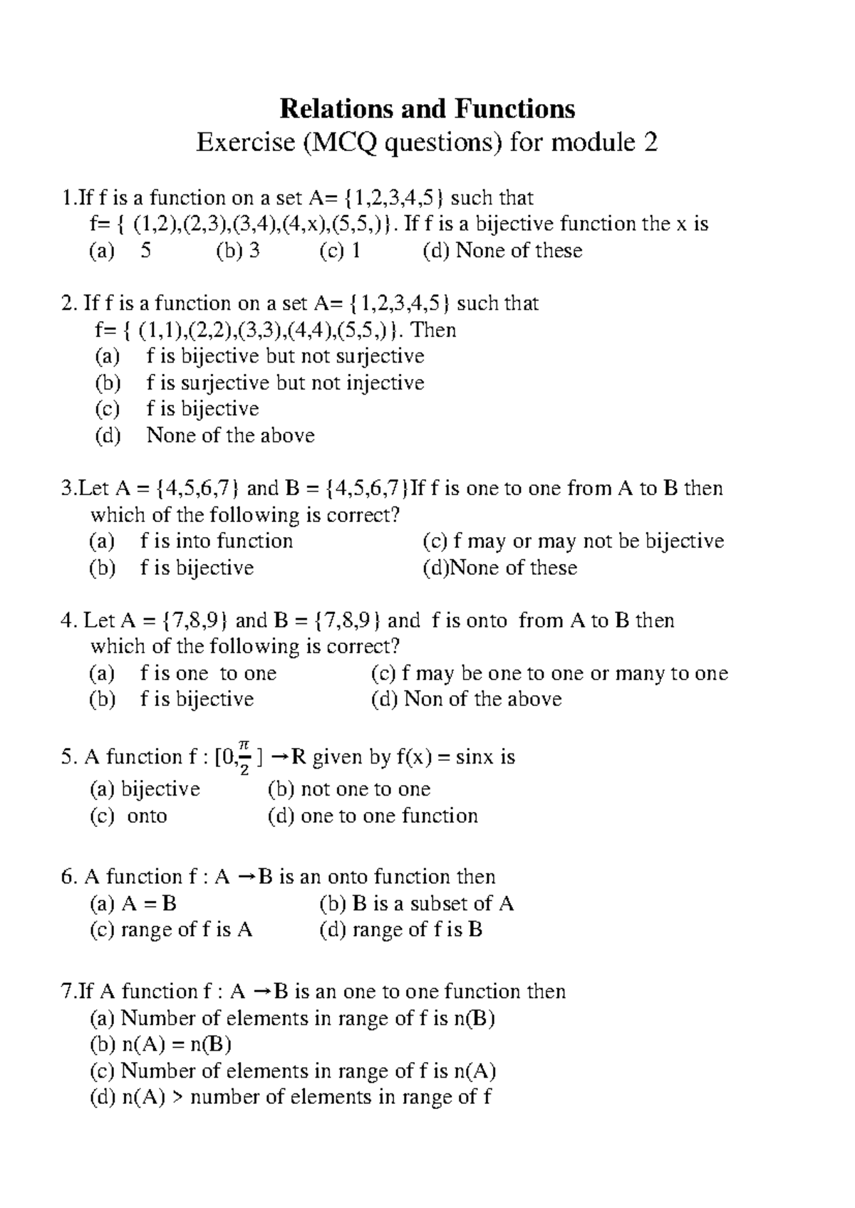 Exercise Module 2 Relations And Functions Relations And Functions