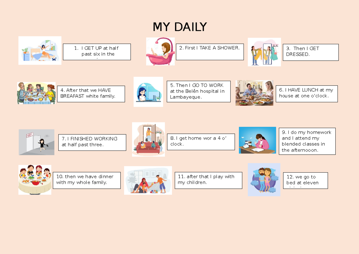 My routine Isabel - MY DAILY ROUTINE 1. I GET UP at half past six in ...