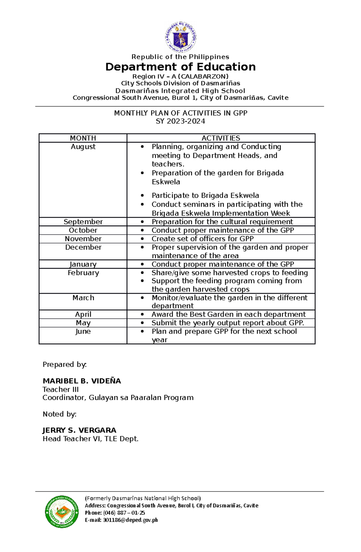 Plan of Activities in GPP - Republic of the Philippines Department of ...