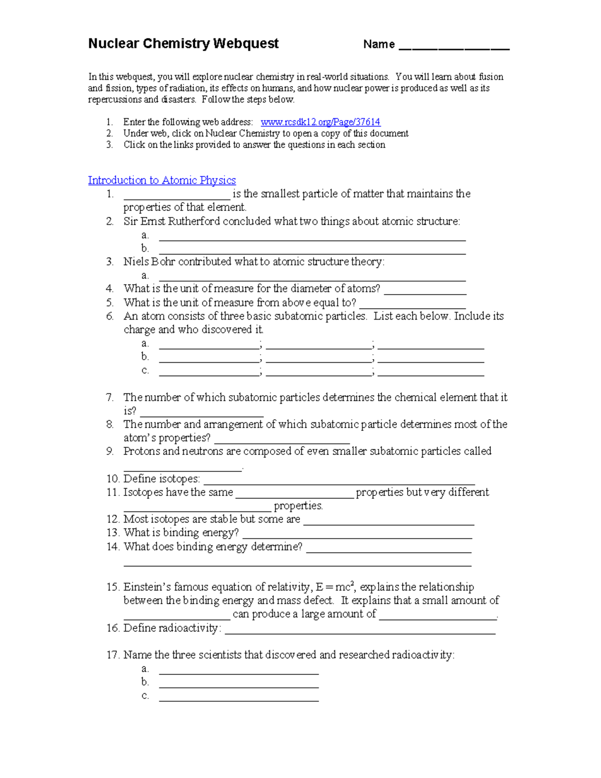 Nuclear Chemistry final - In this webquest, you will explore nuclear ...