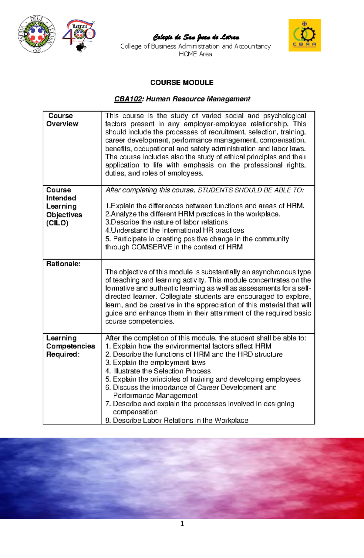 CBA 102 - HRM Modules - notes - College of Business Administration and ...