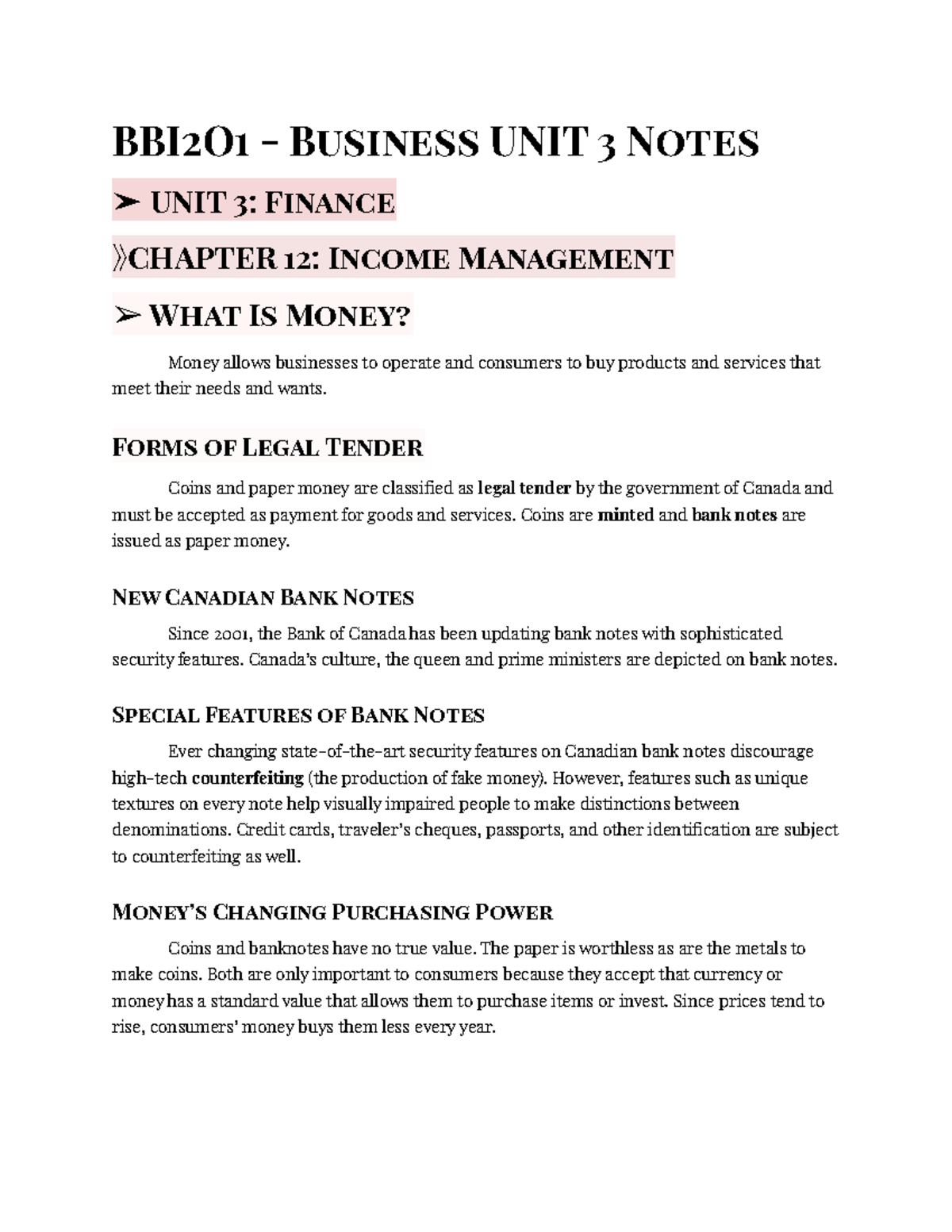 BBI2O1 - Business UNIT 3 Notes - Forms of Legal Tender Coins and paper ...