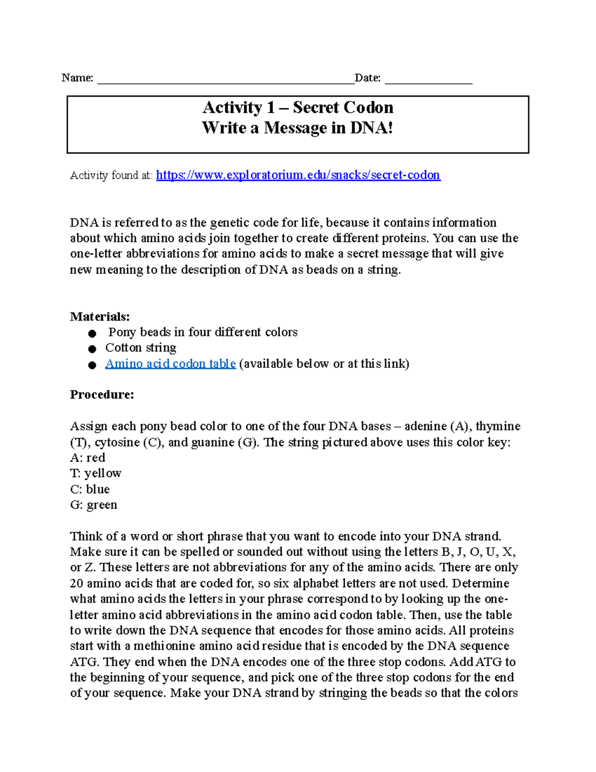 Cells Are Us From Genes to Proteins Student Activity Sheet 1 Secret ...