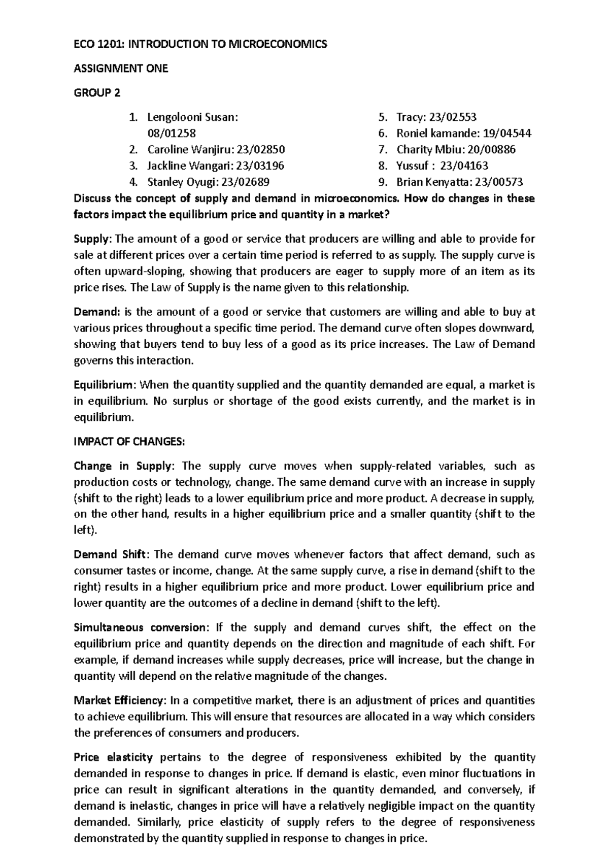 ECO 1201 Assignment ONE combined - ECO 1201: INTRODUCTION TO MICROECONOMICS ASSIGNMENT ONE GROUP ...