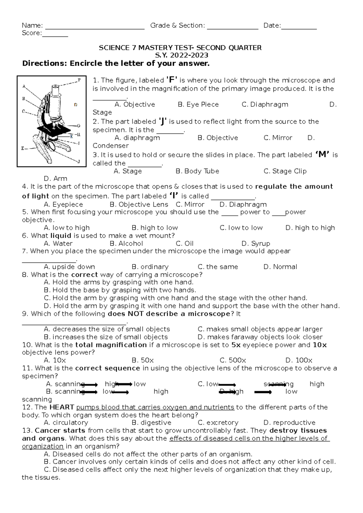 MAstery Test in Science 7 - Second Grading - Name ...