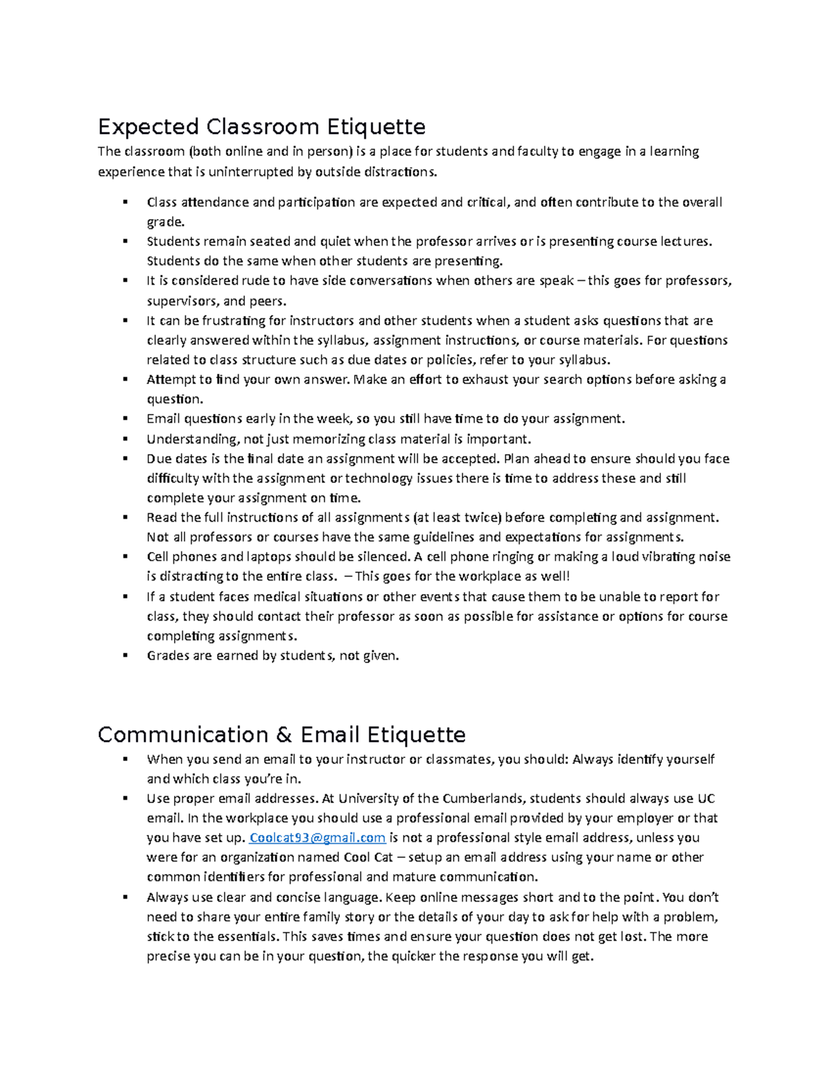 Professionalism and Employee Etiquette - Expected Classroom Etiquette ...