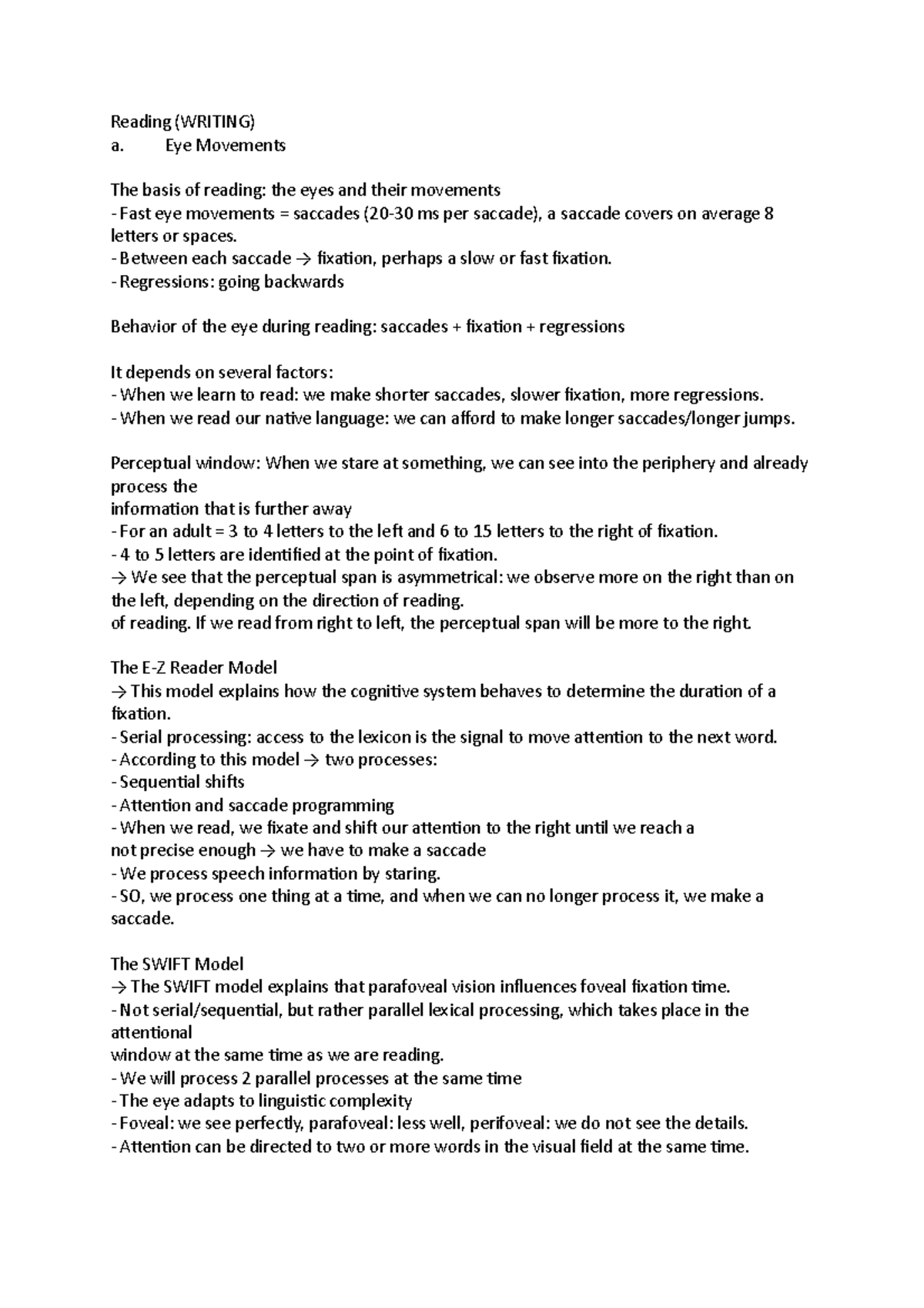 Reading - General Psychology - Reading (WRITING) a. Eye Movements The ...