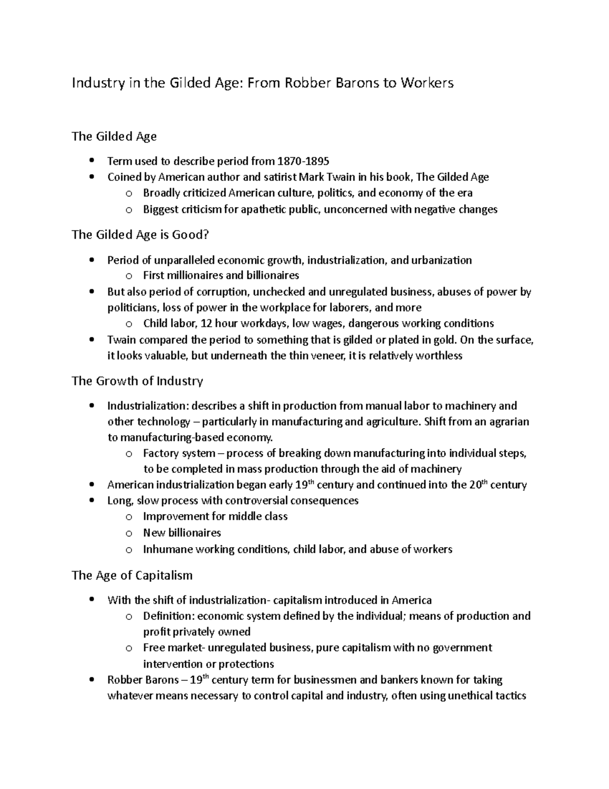 Industry in the Gilded Age: From Robber Barons to Workers - Studocu