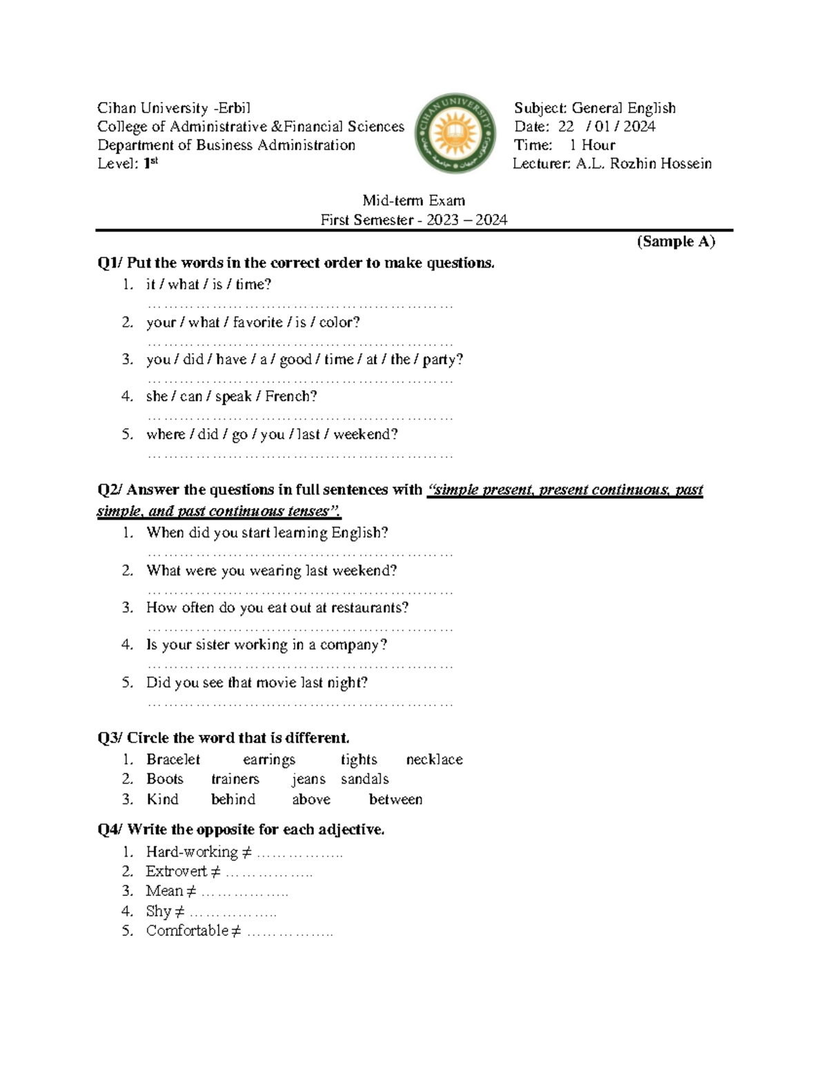 Bussiness Dep sample A - Cihan University - Erbil Subject: General ...