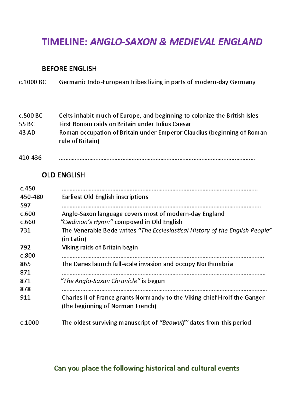 Timeline Anglo-Saxon Medieval England - Exercise - TIMELINE: ANGLO ...