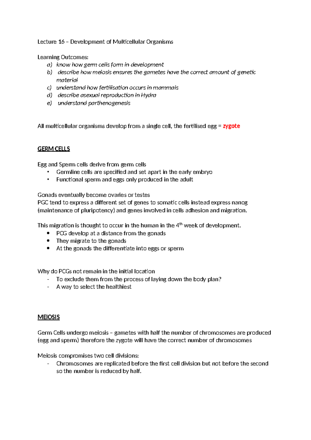 Lecture 16 - notes - Lecture 16 – Development of Multicellular ...