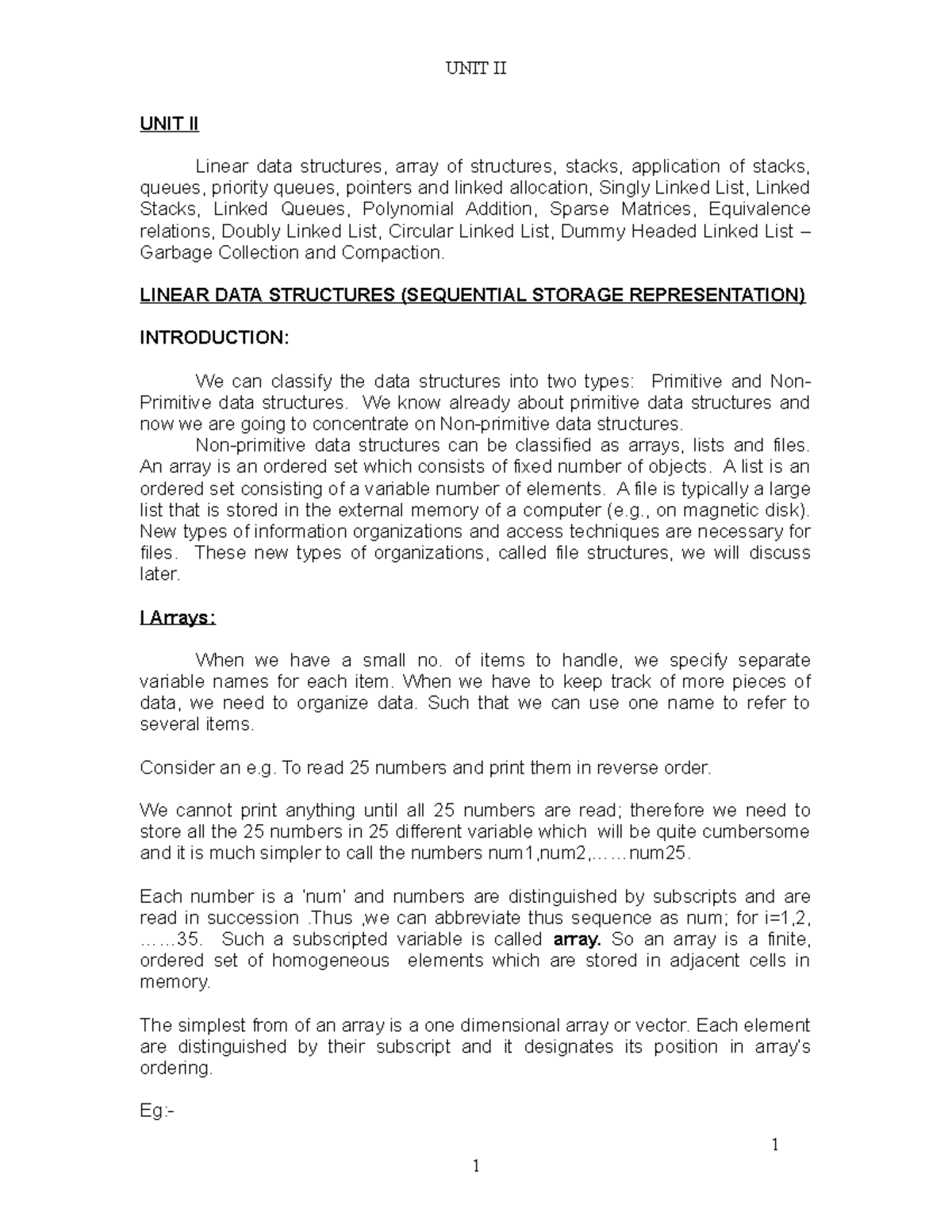 Unit Ii Arrays Array Representation Array Processing Single And