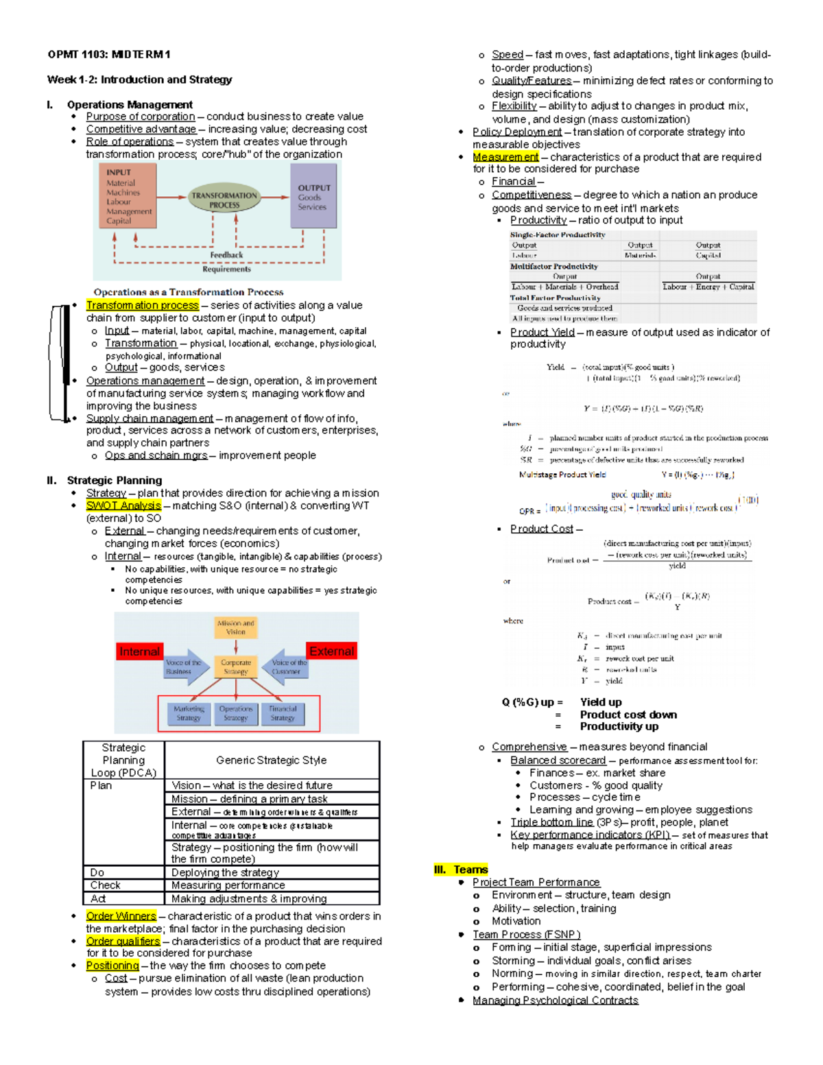 OPMT 1103 Midterm 1 Guide - OPMT 1103: MIDTERM 1 Week 1-2: Introduction ...