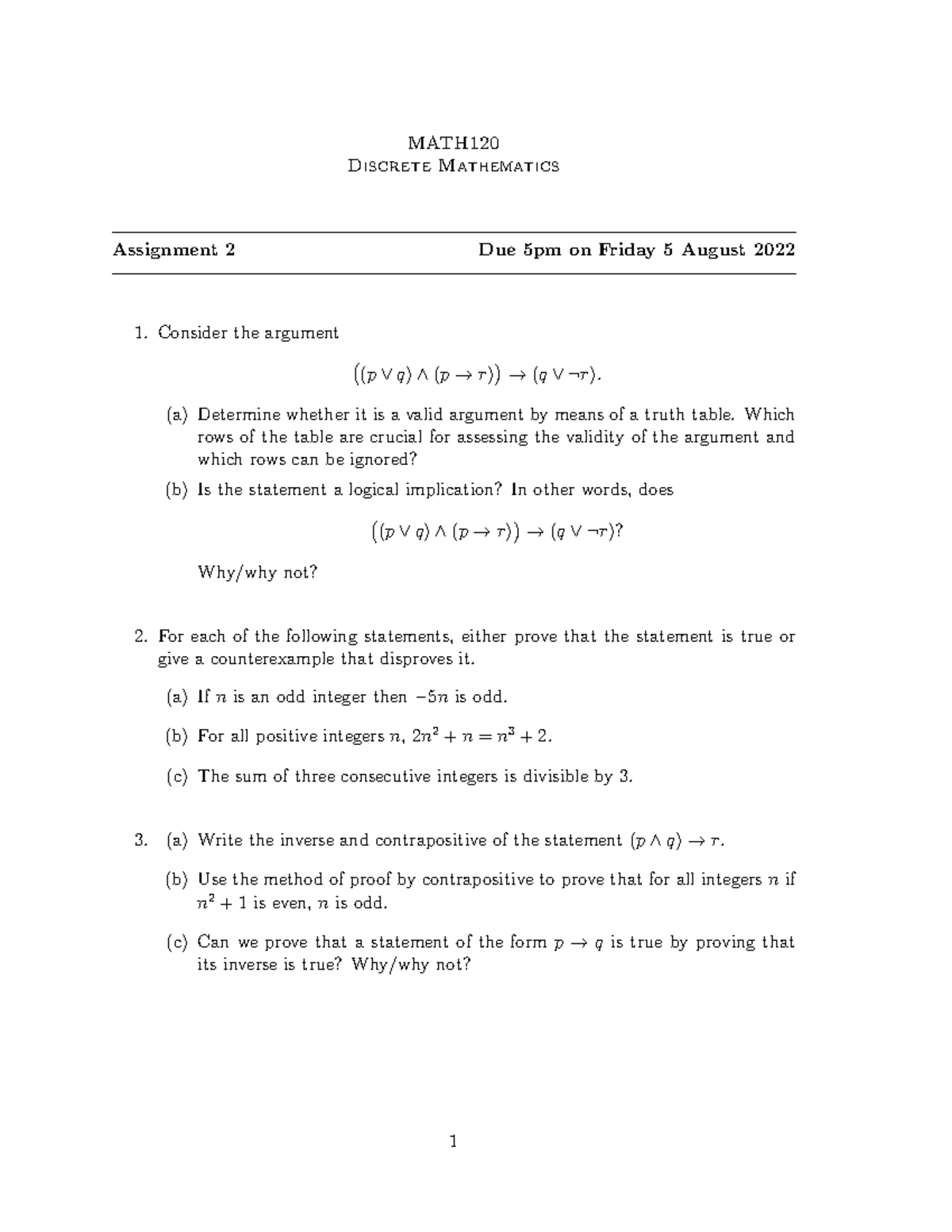 Assignment 2 No Answers Yet Math120 Discrete Mathematics Assignment 2 Due 5pm On Friday 5