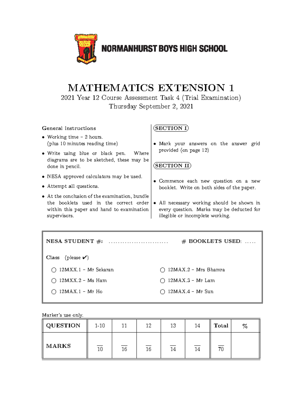 Ex1 2021 normanhurst boys trial paper w solutions - MATHEMATICS ...